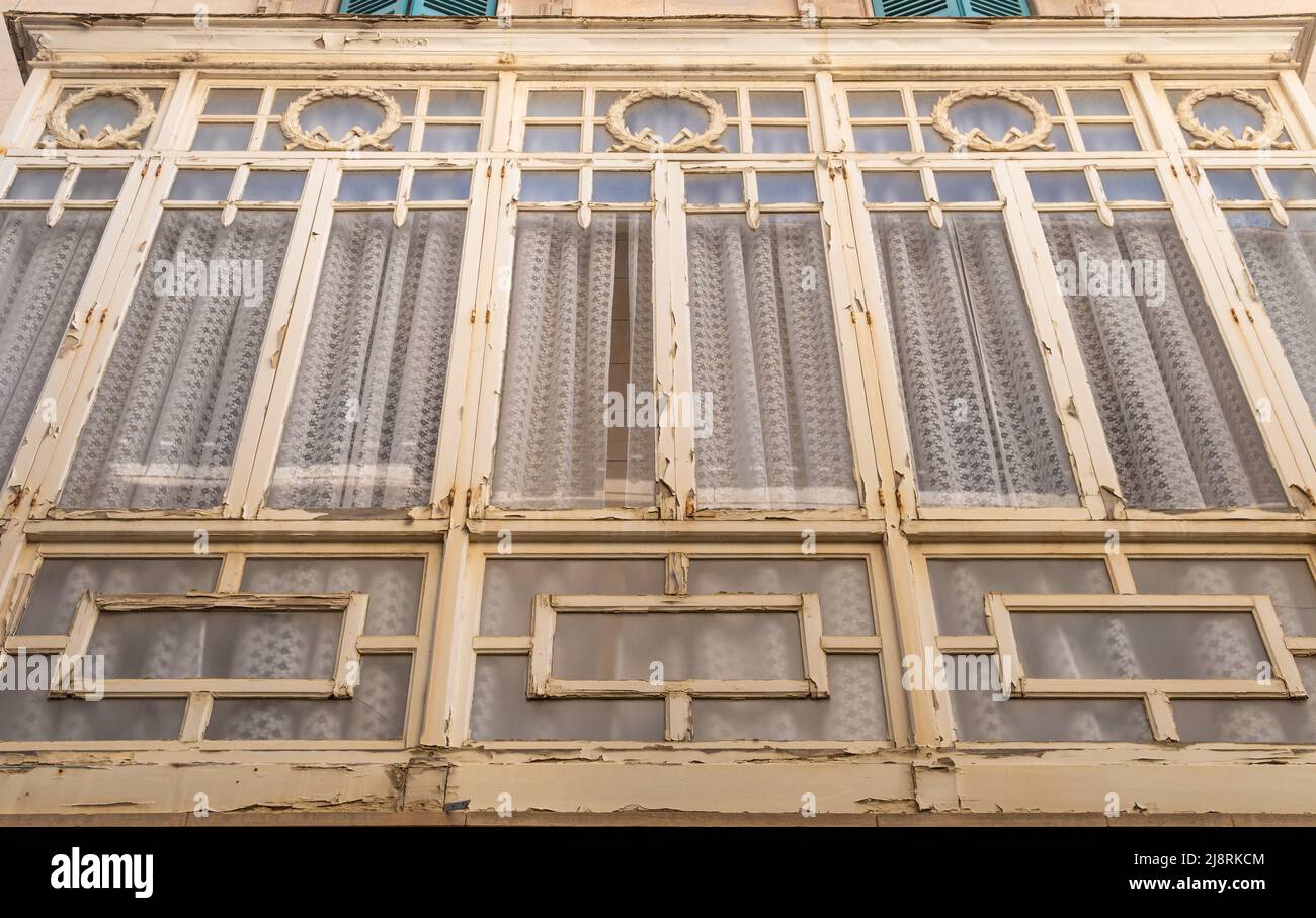 Glazed balcony typical of the architecture of the island of Mallorca ...