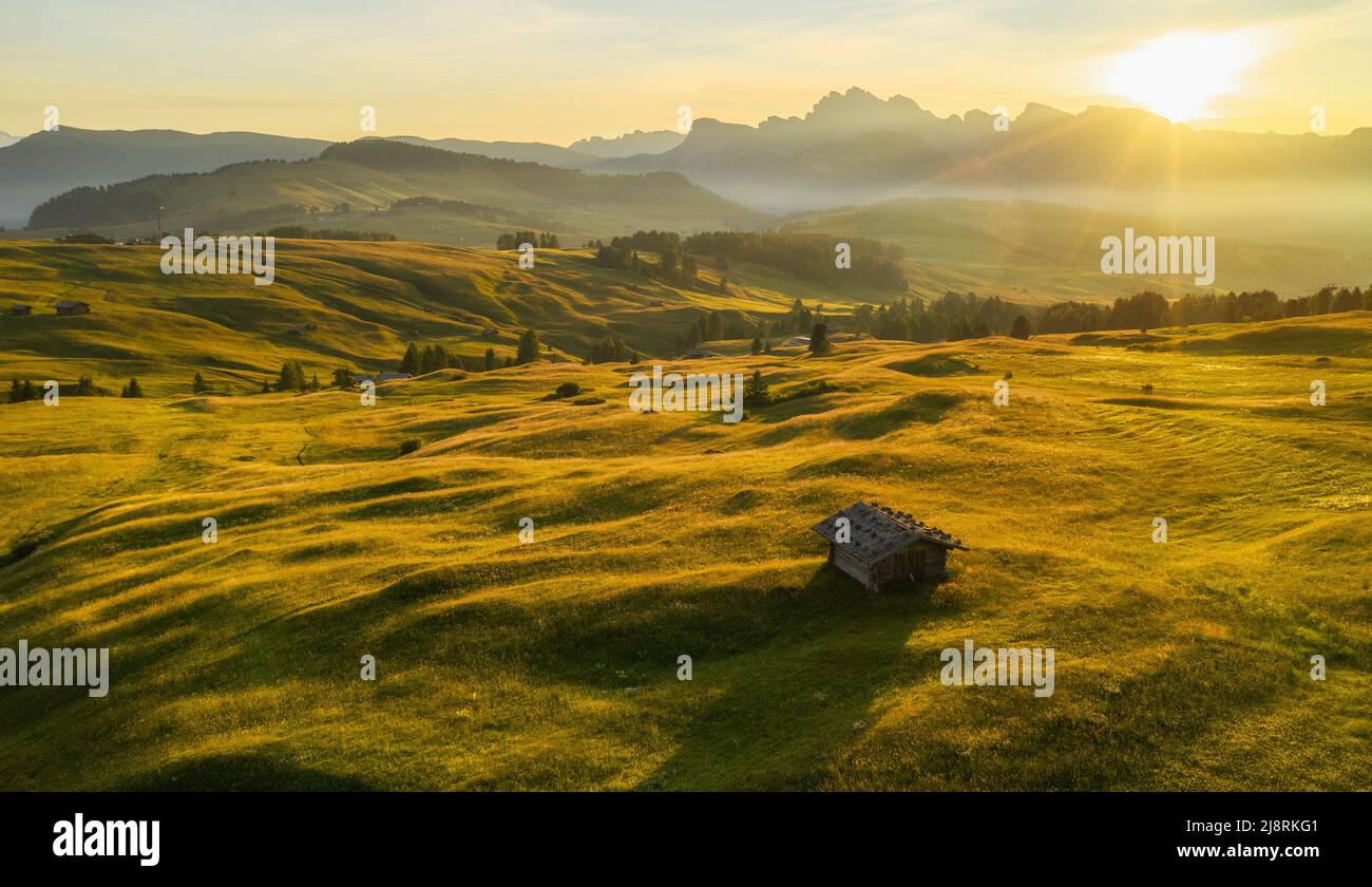 Aerial view of the grand landscape of the Dolomites mountains at ...