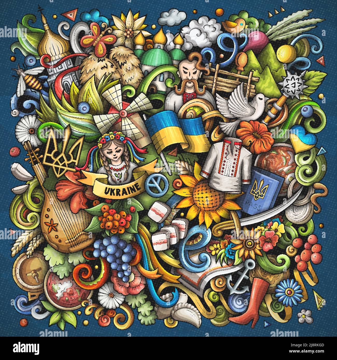 Ukraine cartoon vector doodles illustration. Ukrainian symbols ...