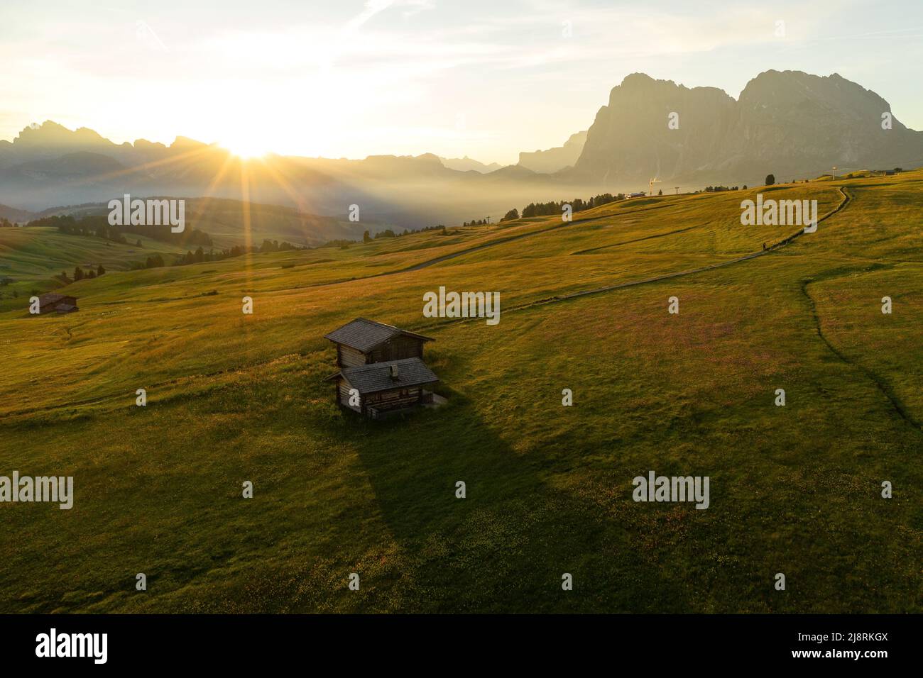 Aerial view of the grand landscape of the Dolomites mountains at ...