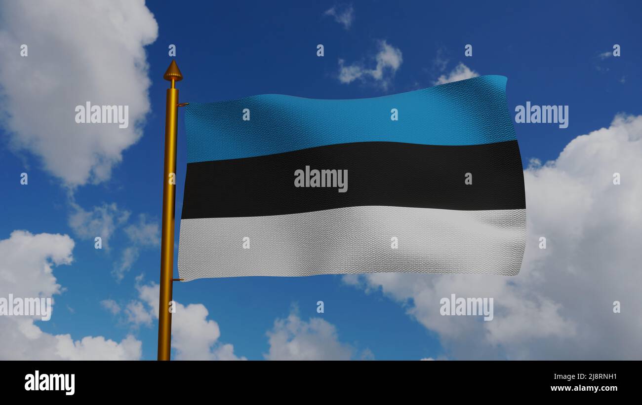 National flag of Estonia waving 3D Render with flagpole and blue sky ...