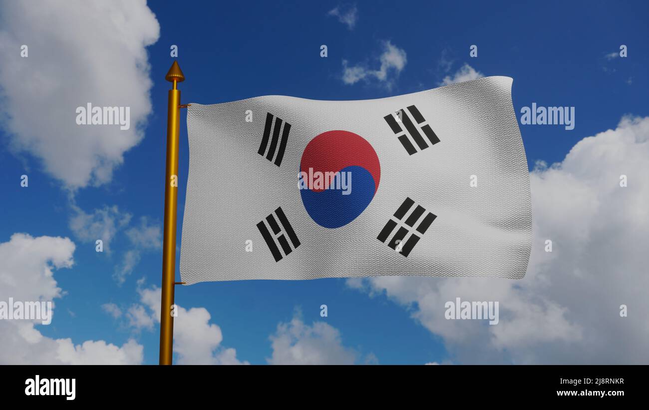 National flag of South Korea waving 3D Render with flagpole and blue ...