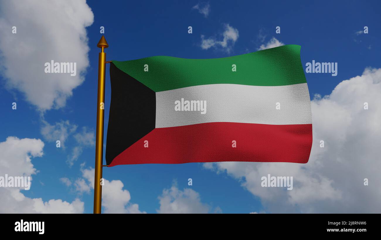 National flag of Kuwait waving 3D Render with flagpole and blue sky ...