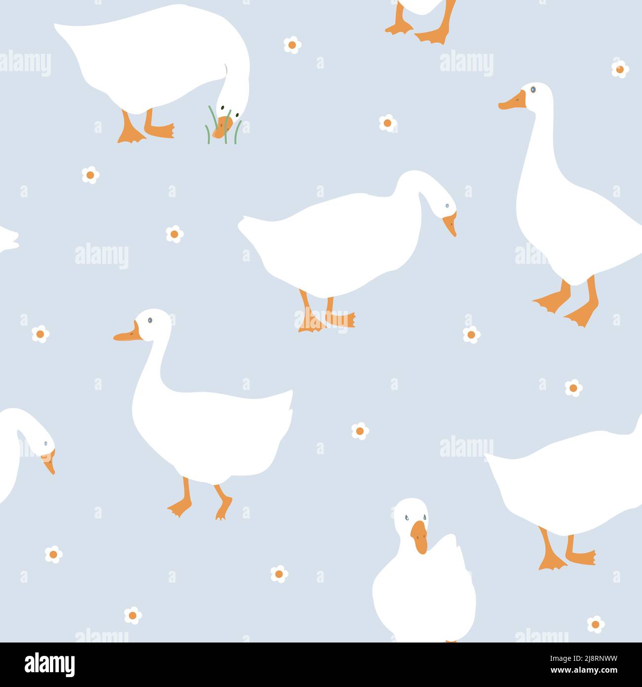 Cute seamless pattern with goose and doodle flowers. Geese in the grass ...