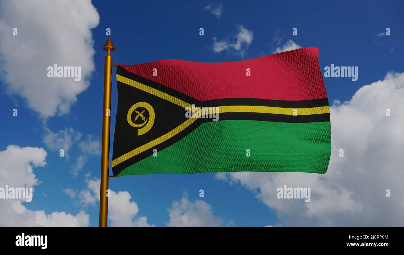 National flag of Vanuatu waving 3D Render with flagpole and blue sky ...
