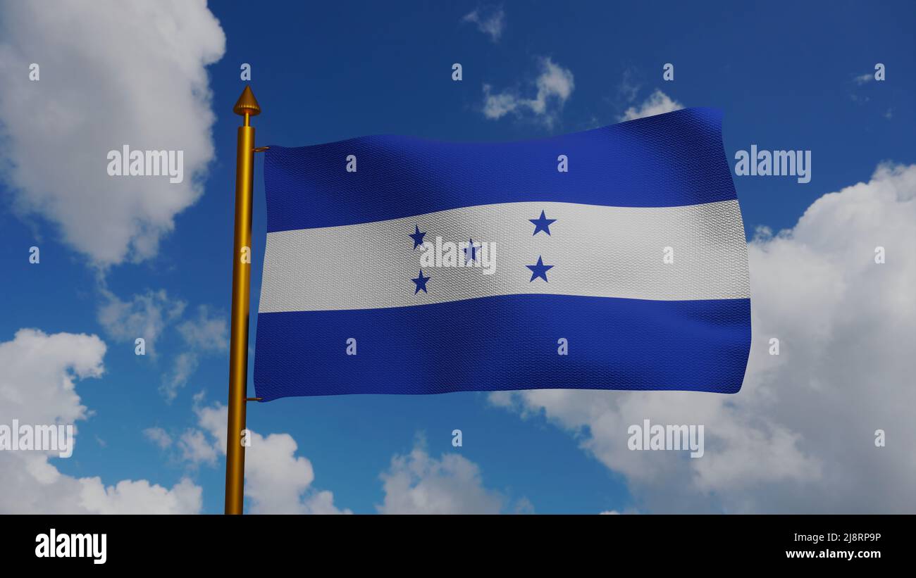 National flag of Honduras waving 3D Render with flagpole and blue sky ...