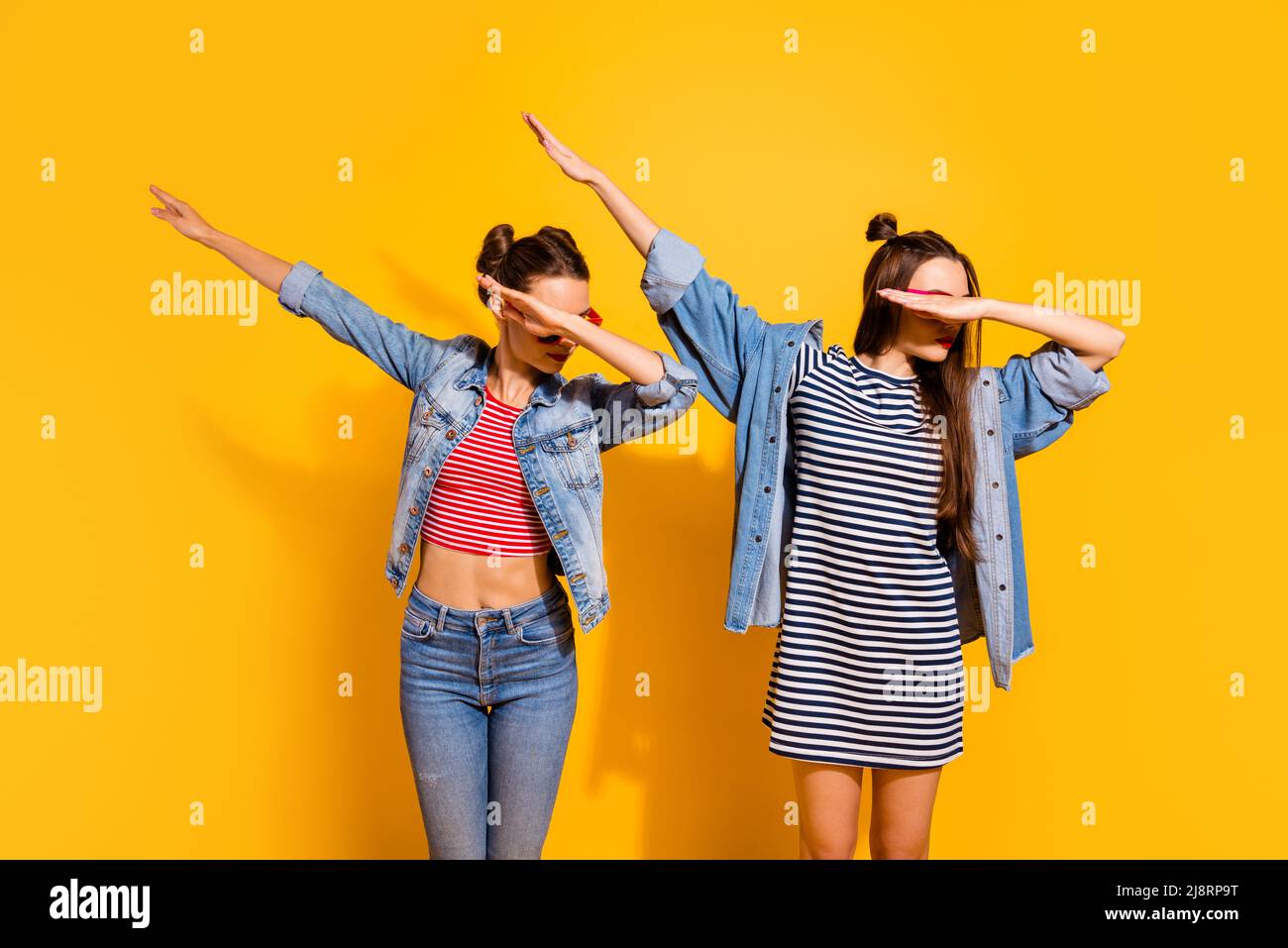 Photo of two ladies buddies close cover face arms dab dance have free ...