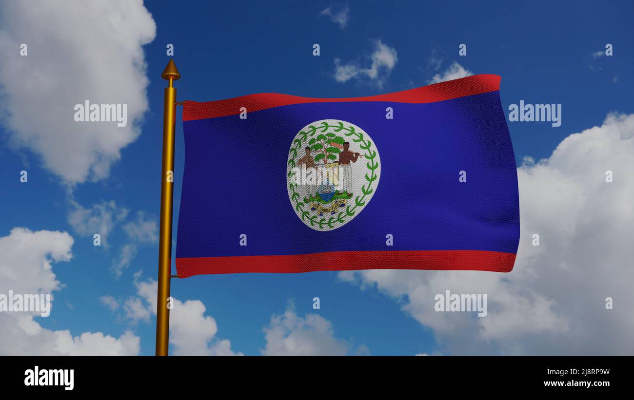 National flag of Belize waving 3D Render with flagpole and blue sky ...