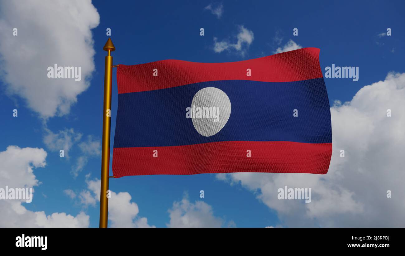 National flag of Laos waving 3D Render with flagpole and blue sky, Lao ...