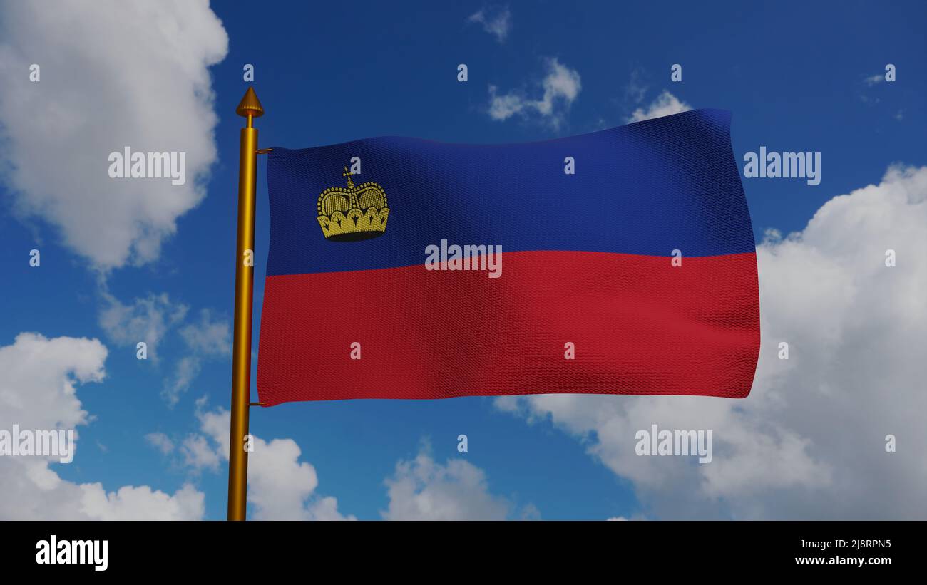 National flag of Liechtenstein waving 3D Render with flagpole and blue ...