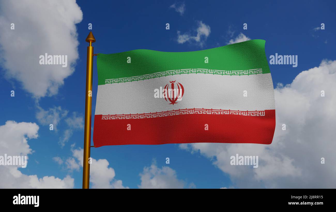 National flag of Iran waving 3D Render with flagpole and blue sky ...