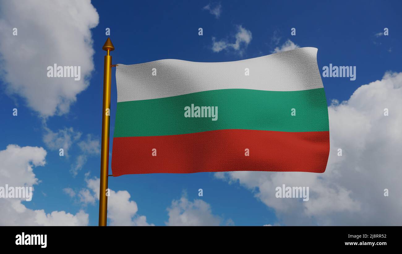 National flag of Bulgaria waving 3D Render with flagpole and blue sky ...