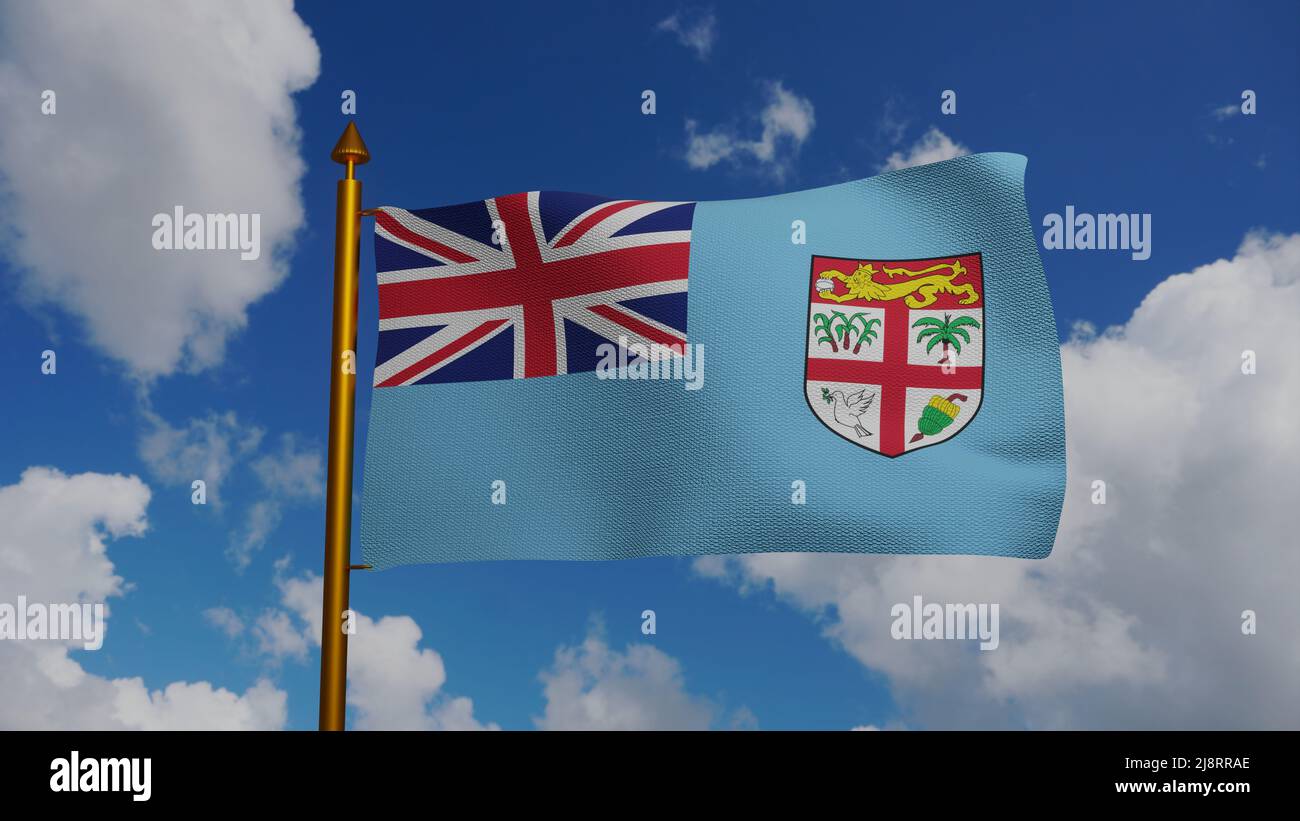 National flag of Fiji waving 3D Render with flagpole and blue sky ...