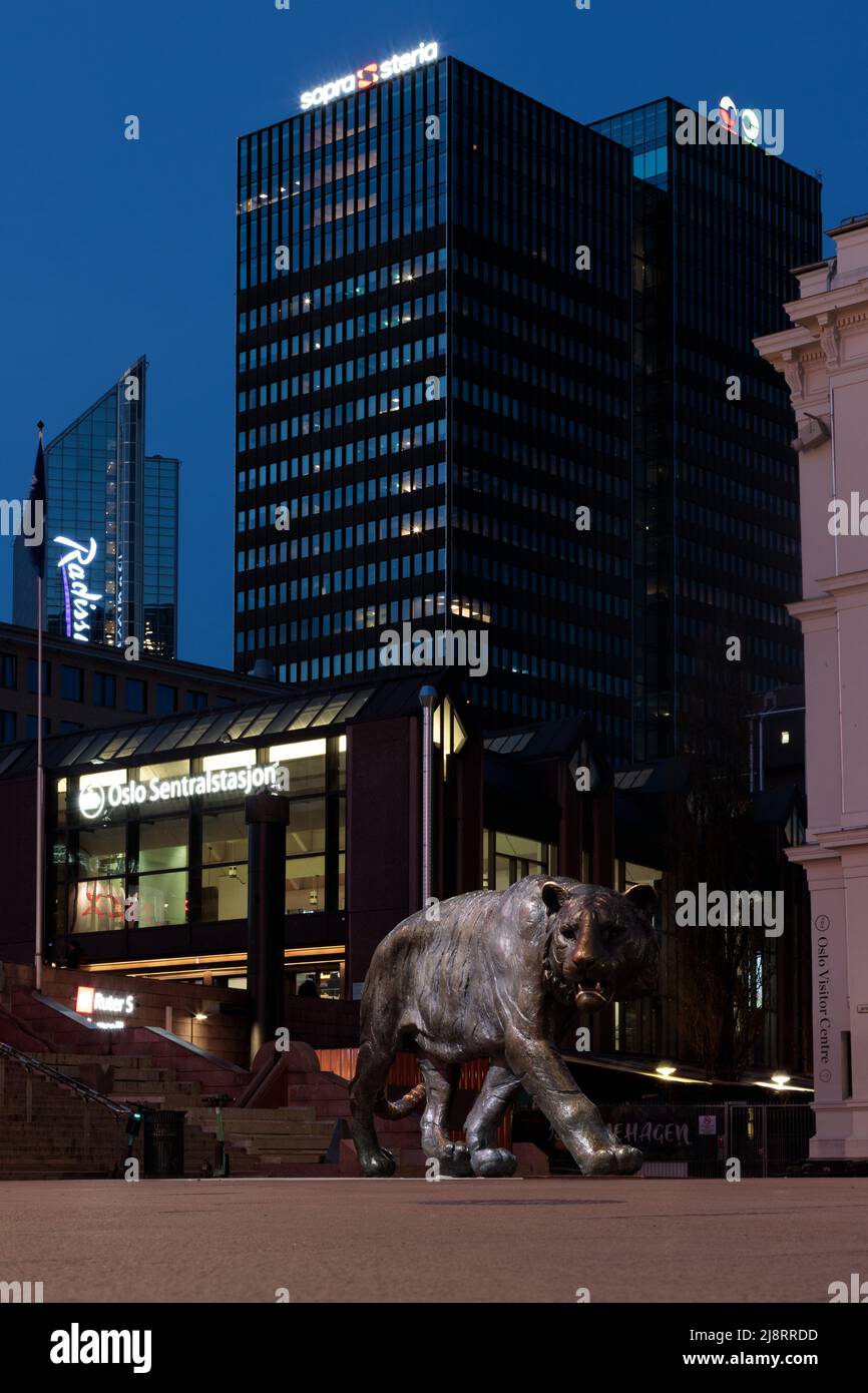 Oslo, Norway. 01 May 2022: Sculpture of iron tiger on main square of ...