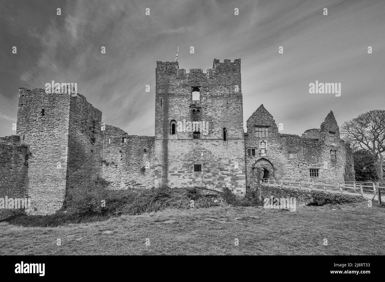 This monochrome image is of the 10th century ruined medieval fortress ...