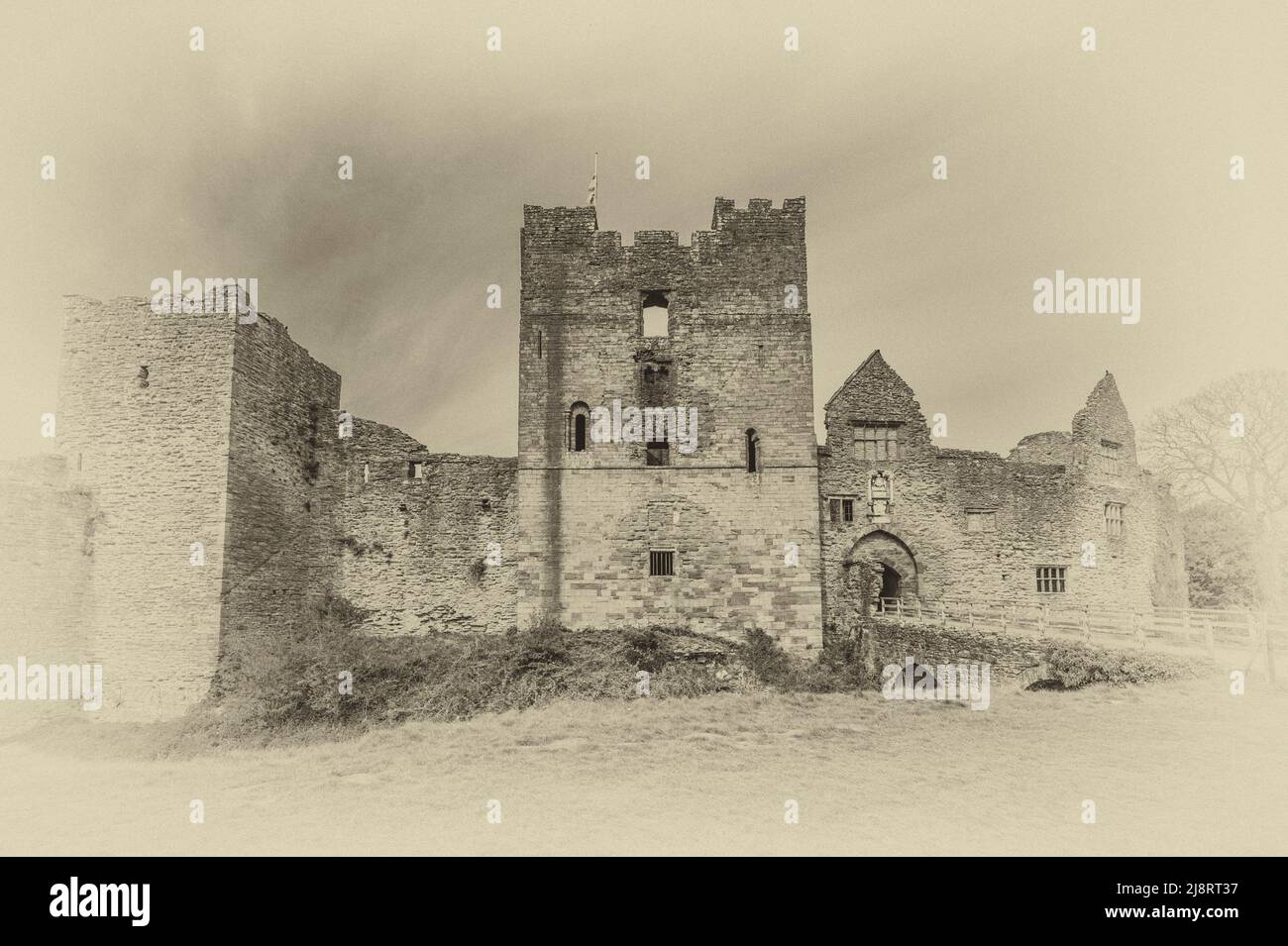 This monochrome image is of the 10th century ruined medieval fortress ...