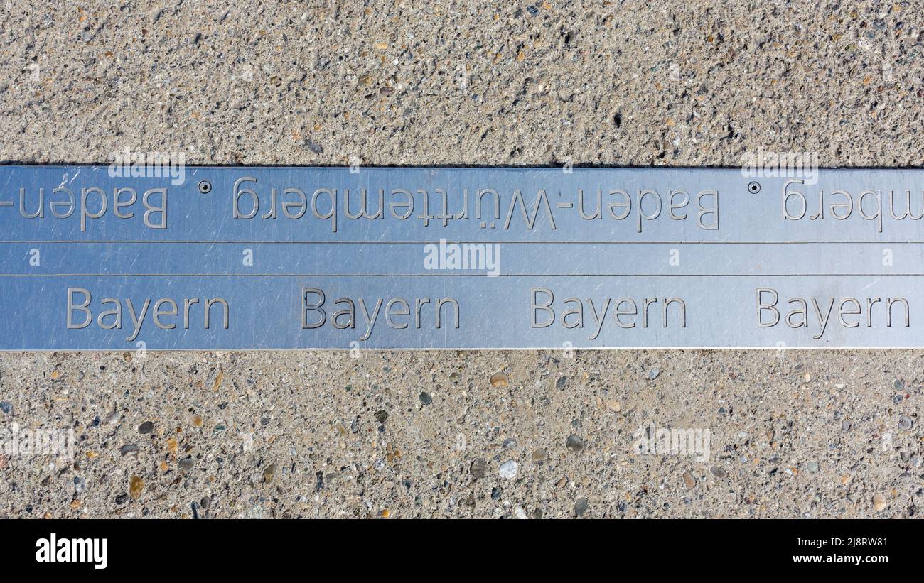 Ulm, Germany - Aug 8, 2021: Symbolic border between the federal states ...