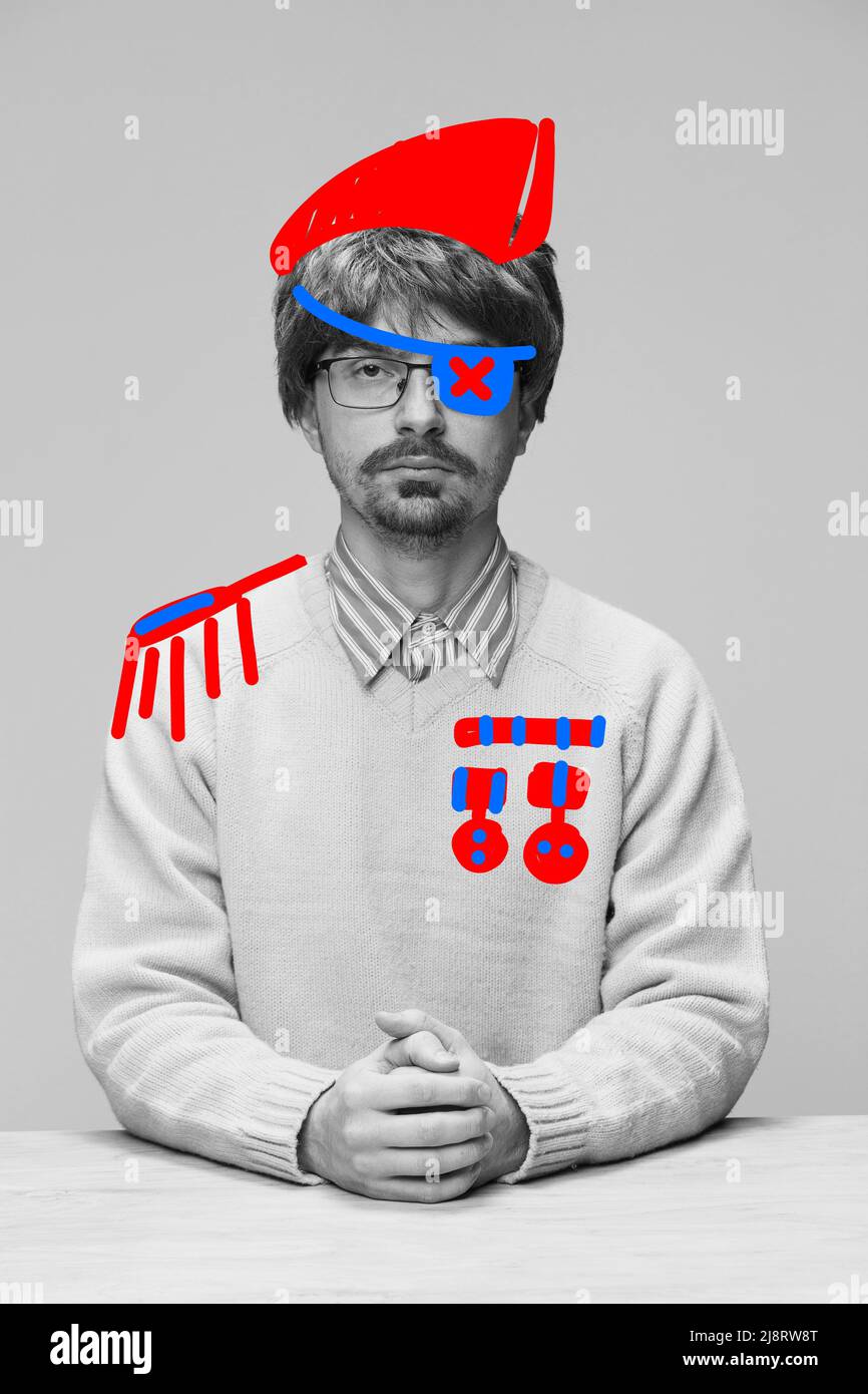 Contemporary artwork. Monochrome portrait of young strange man with ...