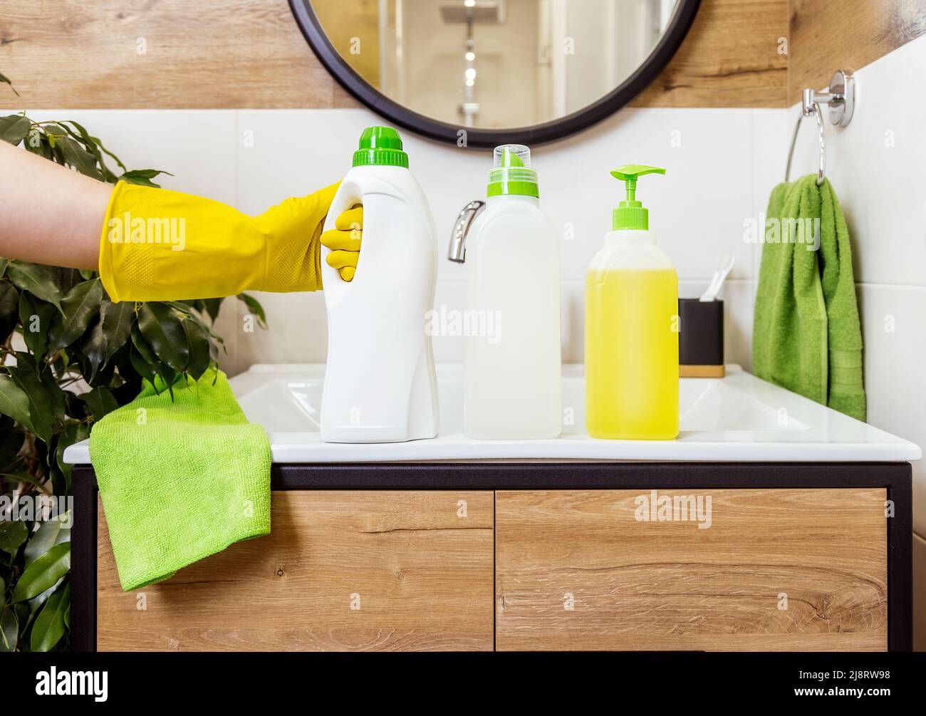 Mockup, three different bottles for cleaning agent close-up, space for ...