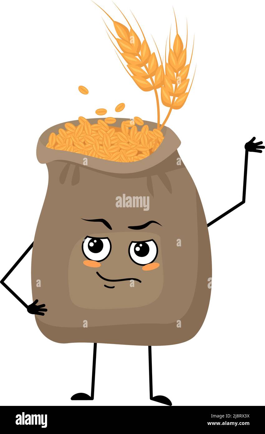 Cute sack of wheat and ear character with emotions of hero, brave face ...