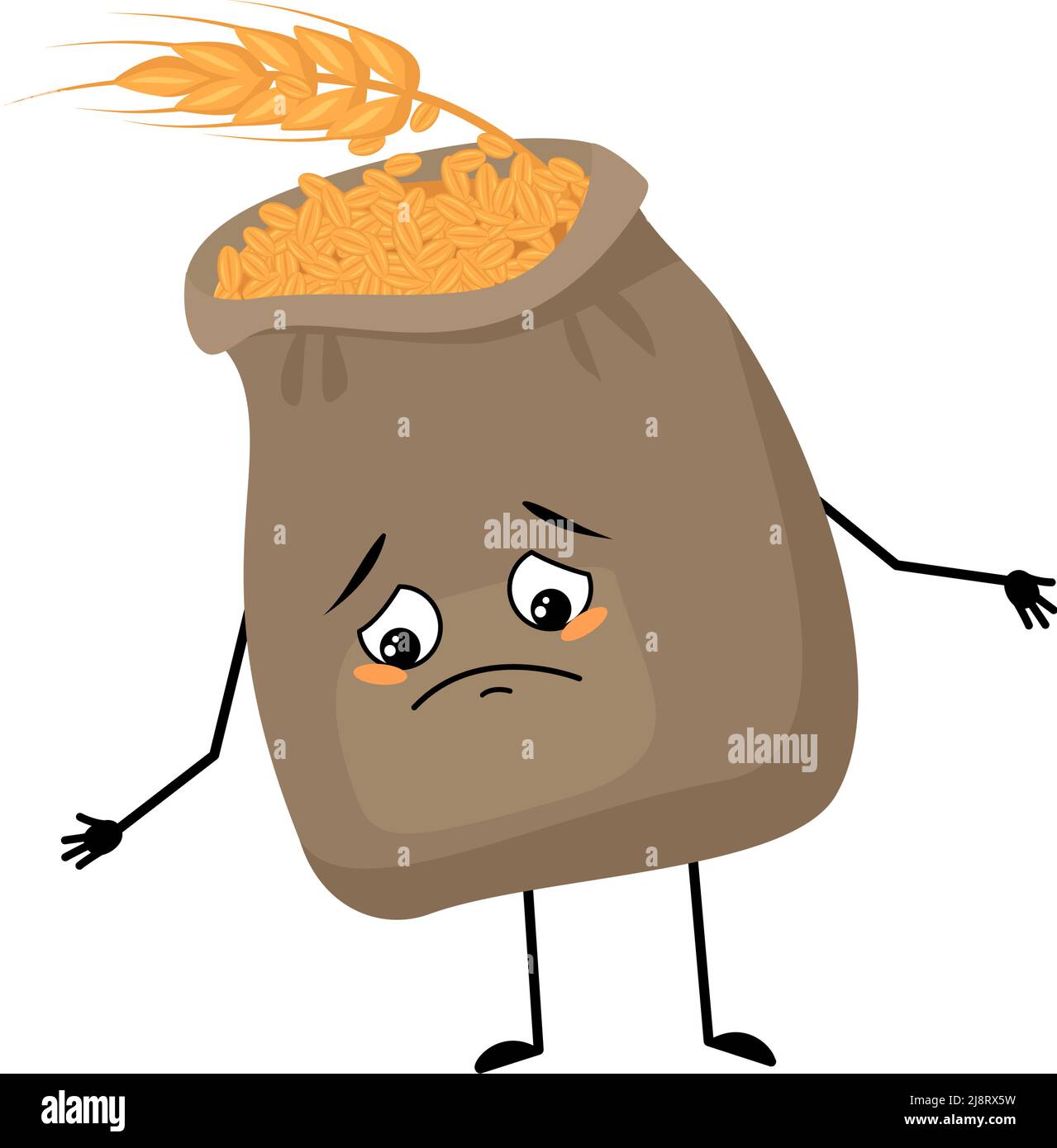 Cute sack of wheat and ear character with sad emotions, depressed face ...