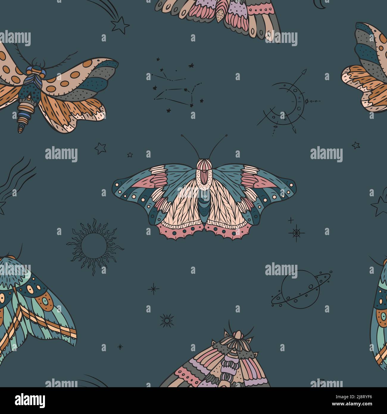 Night moth, symbols of the sky, sun and moon vector seamless pattern ...
