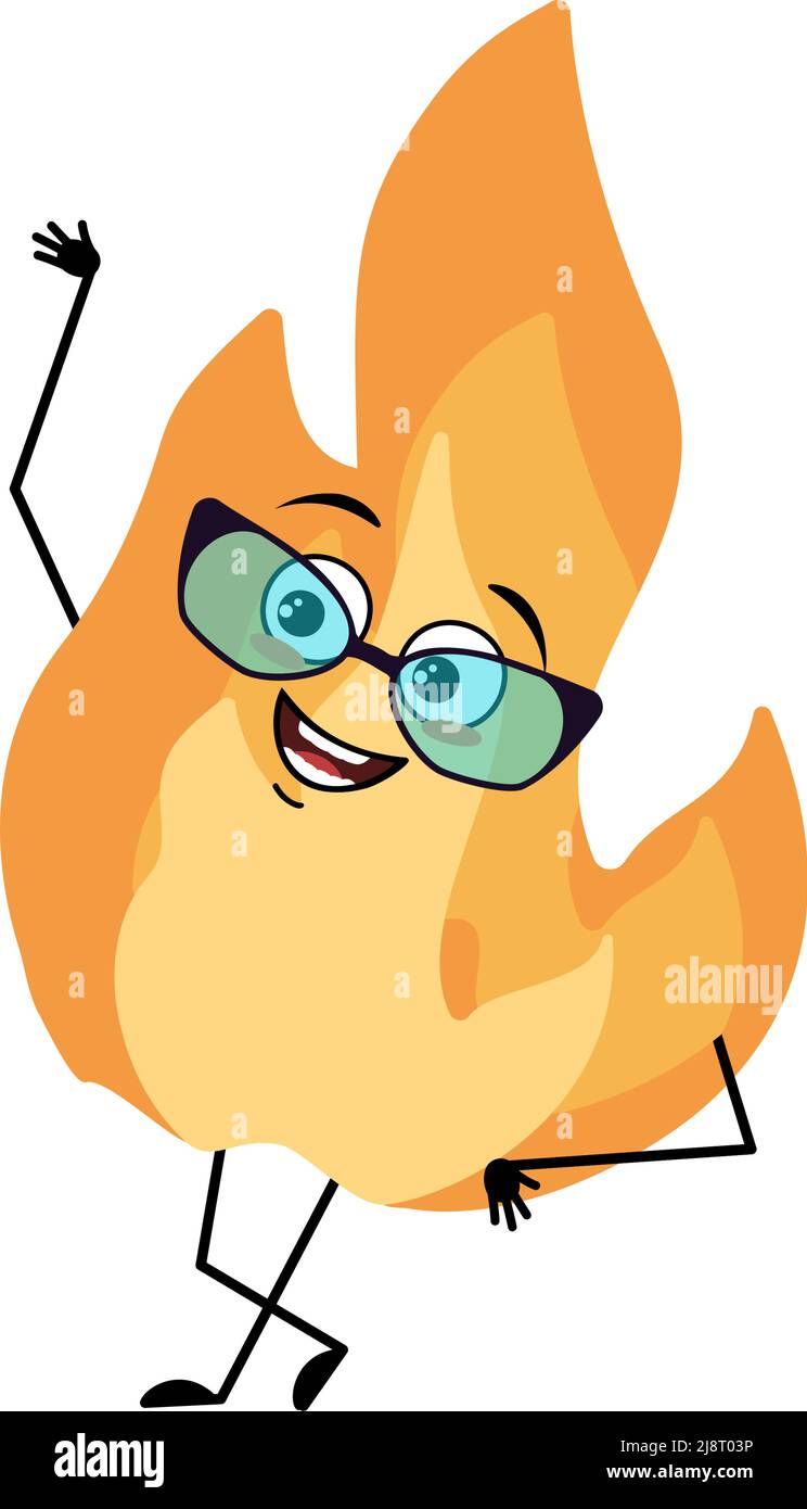 Cute flame character with glasses and happy emotion, face, smile eyes ...
