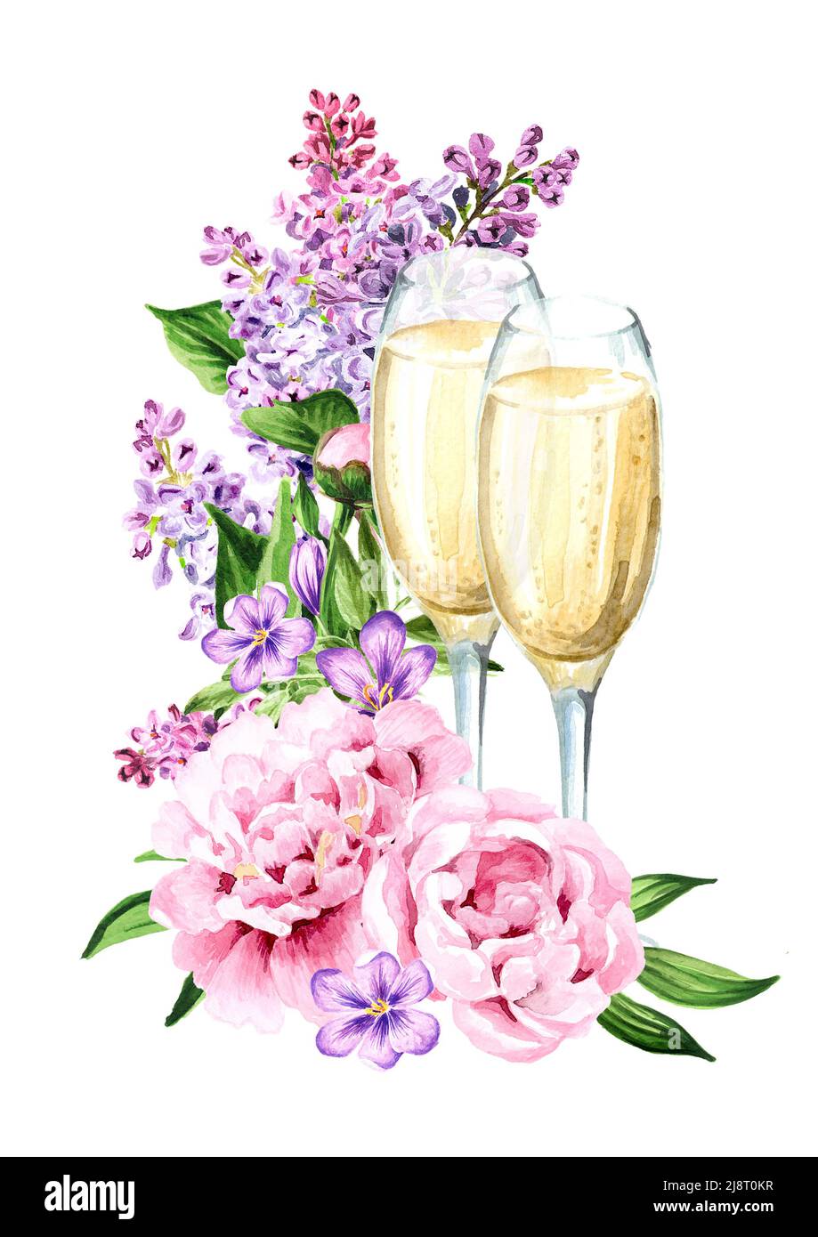 Glass of champagne and Decorative bouquet of flowers for a festive ...