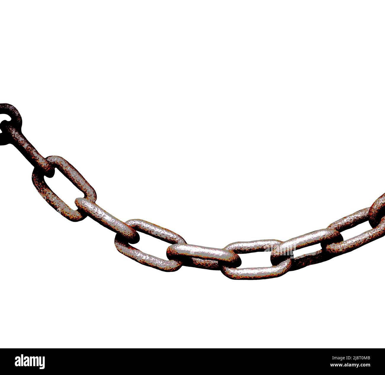Close up section of large rusted metal chain with white background ...