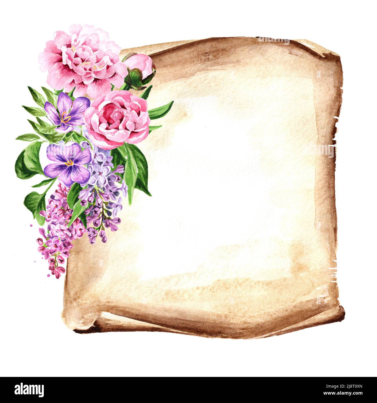 Old scroll and Decorative bouquet of flowers. Festive greeting card ...