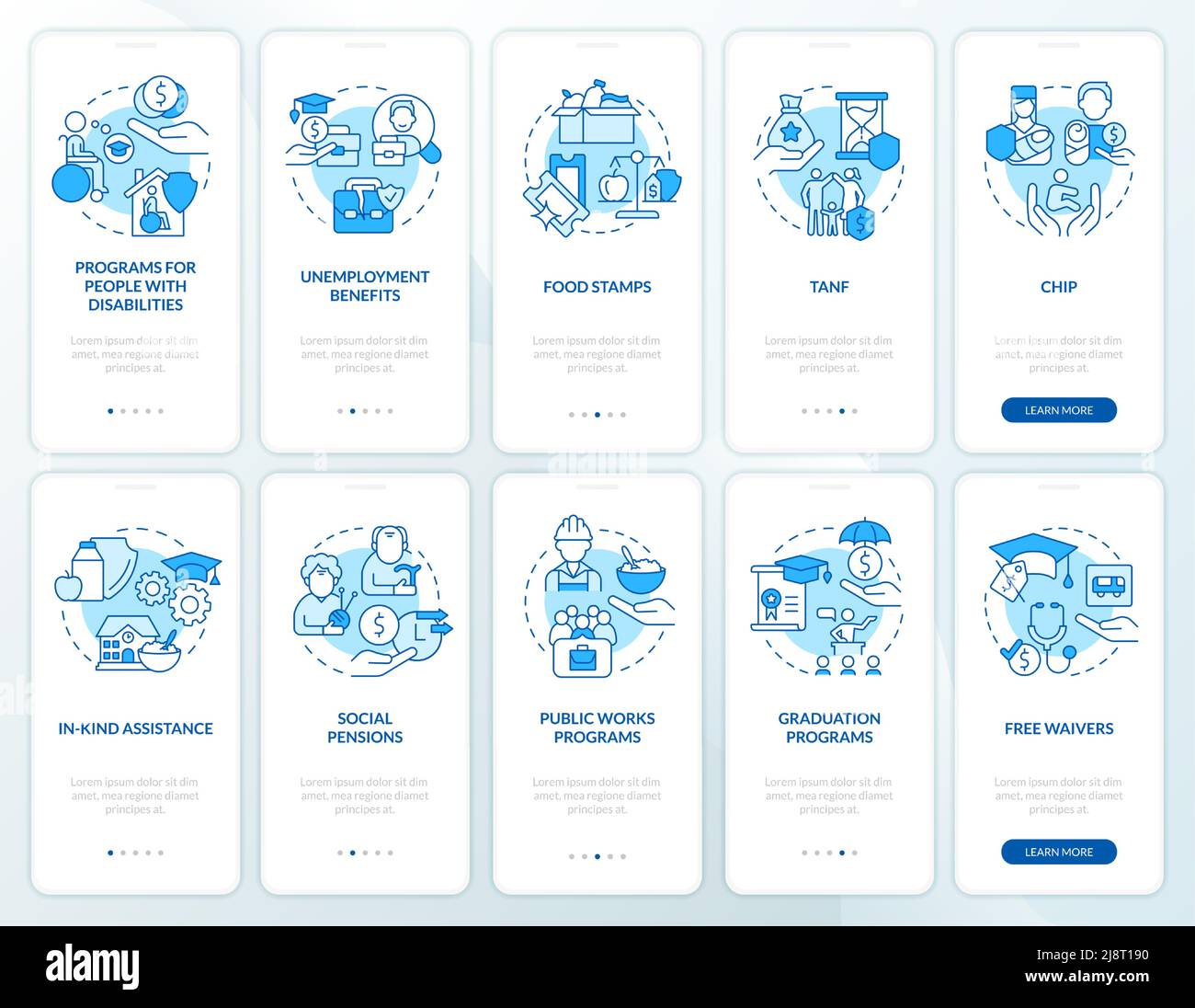 Social assistance blue onboarding mobile app screen set Stock Vector ...
