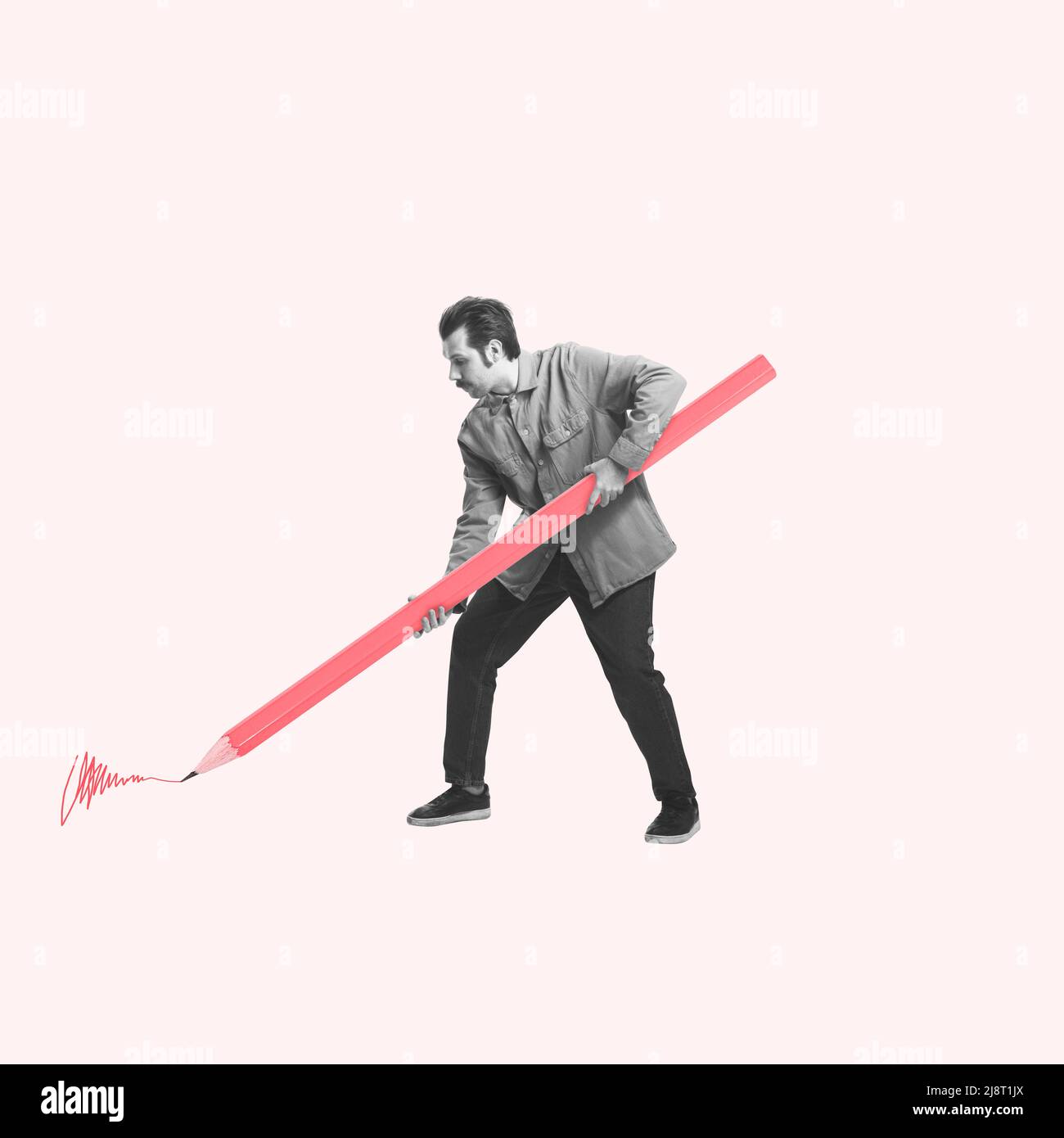 Contemporary art collage.Young man holding huge drawn pencil and ...