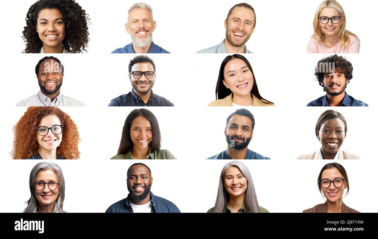 Set of diverse office employees smiling isolated on white background ...