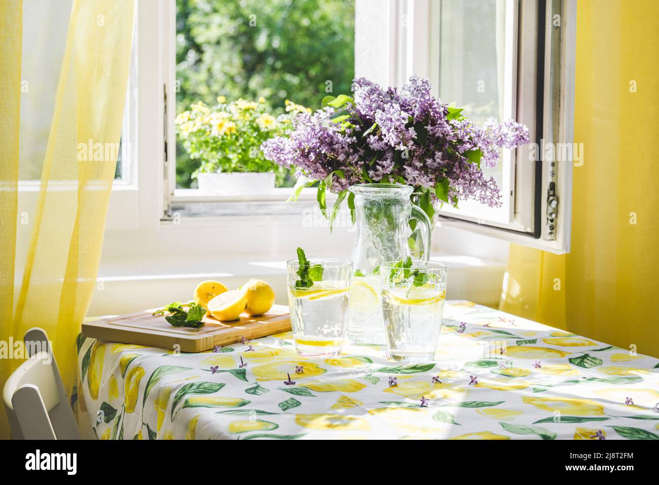 Water with sliced lemon on kitchen background. Summer refreshment ...