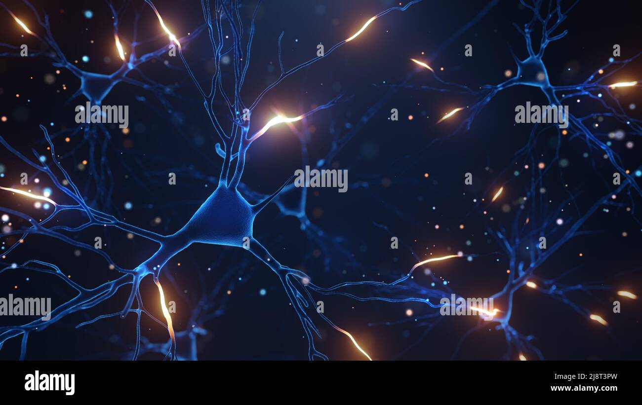 3d illustration of neuron cells with light pulses on a dark background ...