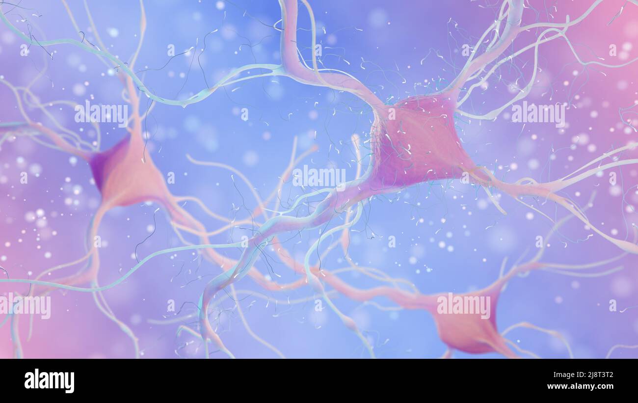 3d illustration of neuron cells with light pulses on a light background ...