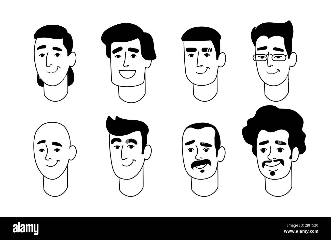 Set of black and white male avatars in cartoon style for printing and ...