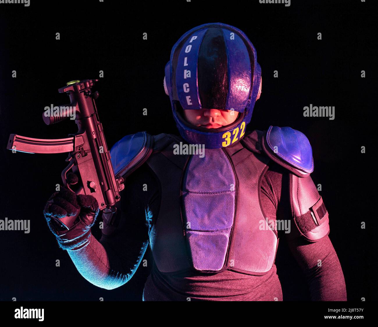 Cyberpunk concept, future world. Police officer cop in dark, halfman ...