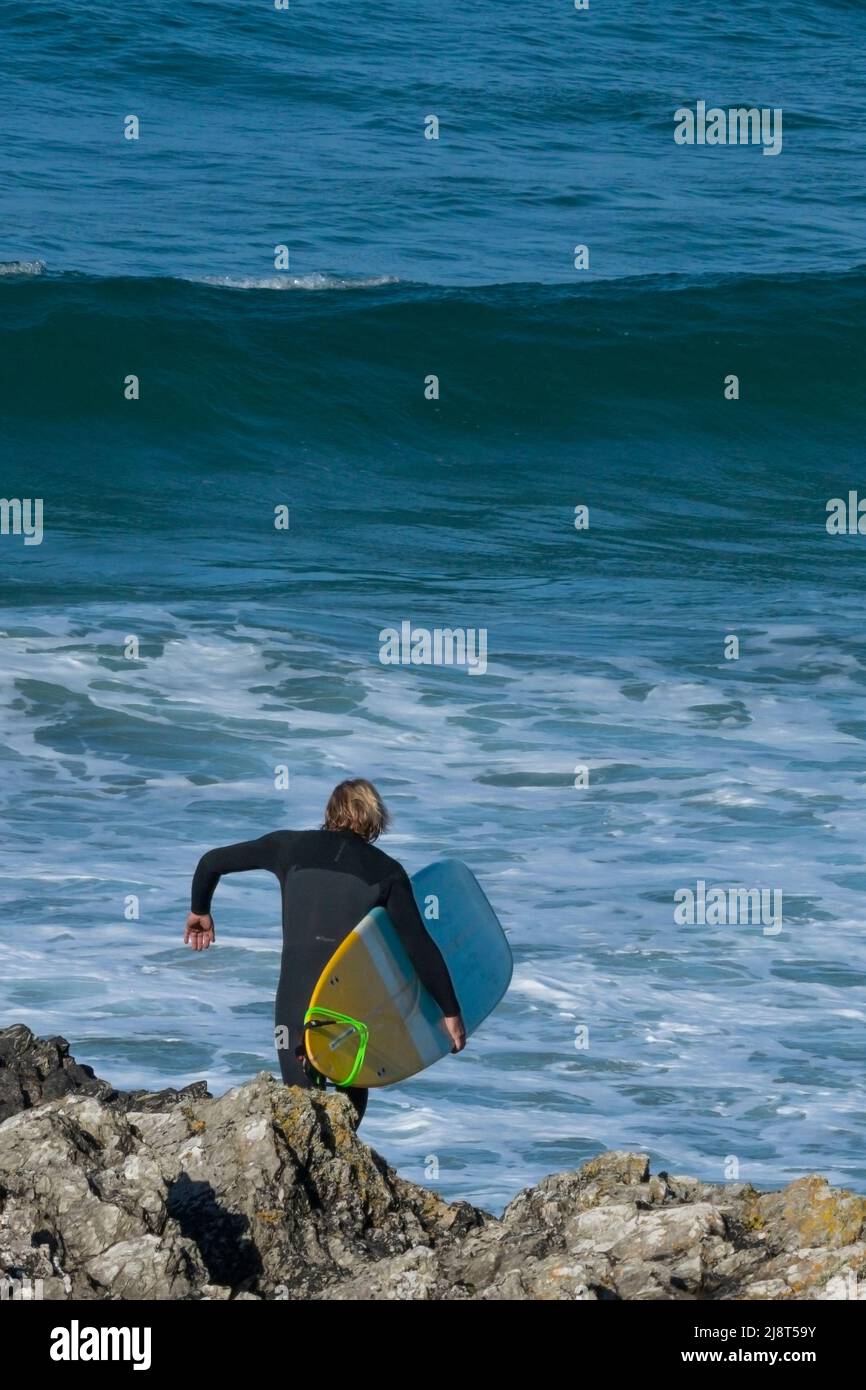 A surfer carrying his surfboard and carefully walking over rocks ...