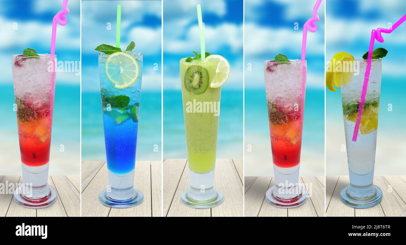 Photo collage of a variety of cocktails. Mojito cocktail with sea ...