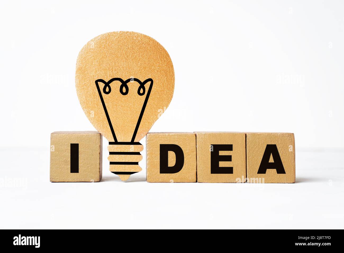 Word IDEA made from wooden letter blocks and a flat lightbulb shape ...