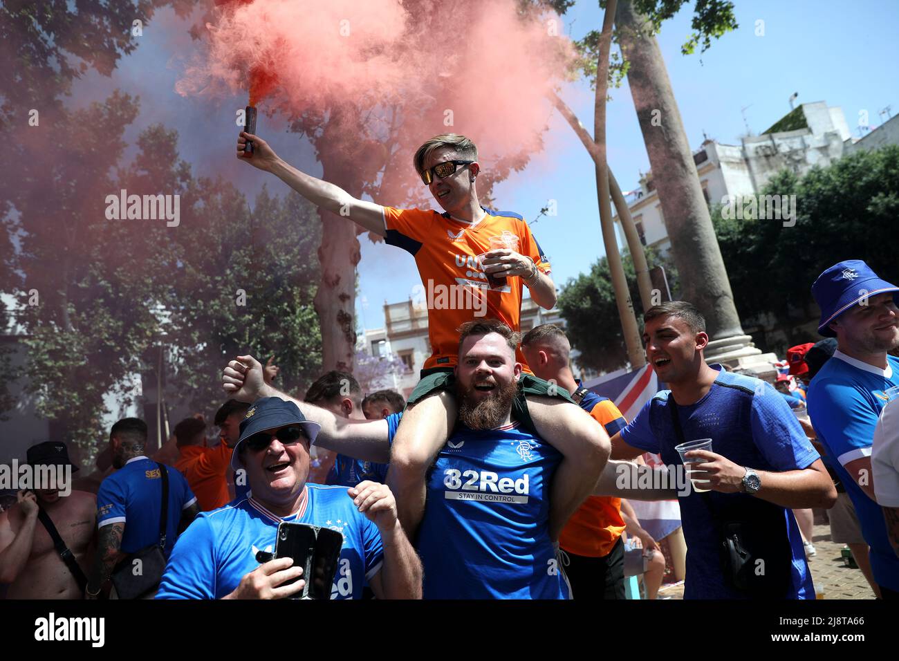 Rangers fans set off flares in the Alameda de Hercules before the UEFA ...