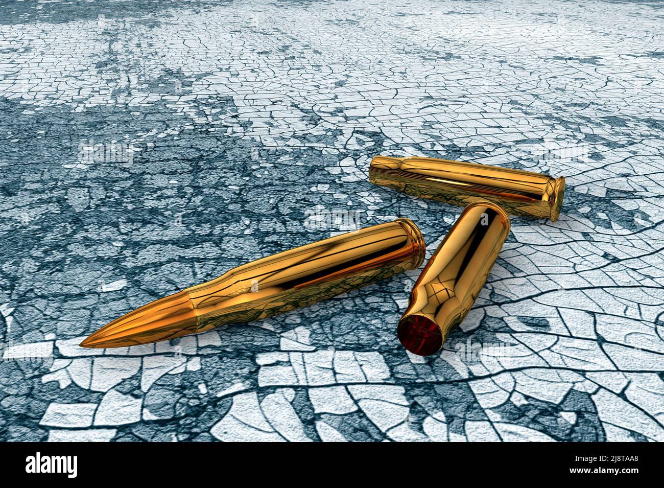 3D golden cartridge, bullet and spent cartridge cases on the surface of ...