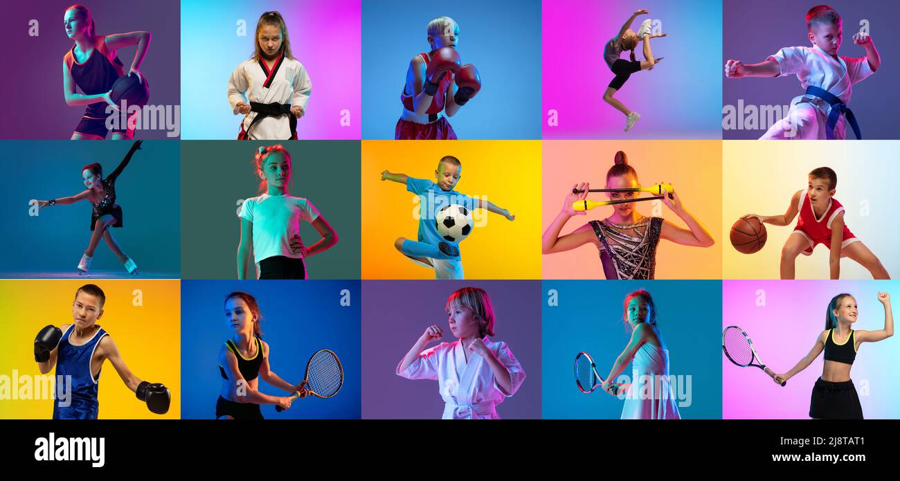Collage of different little athletess, sportsmen in action and motion ...