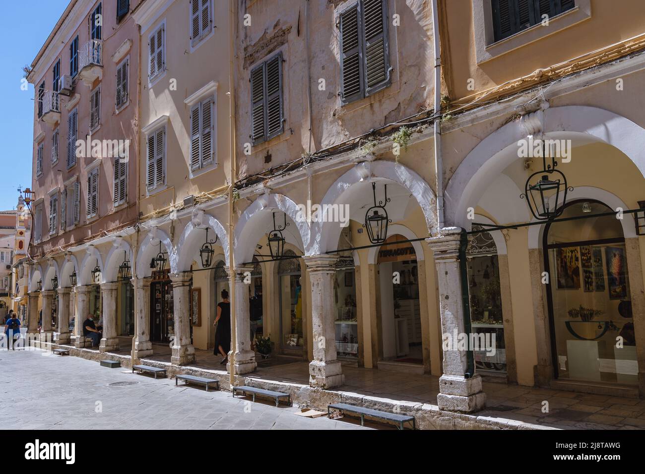 Arcades of buildings on Liston pedestrian street on Old Town of Corfu ...