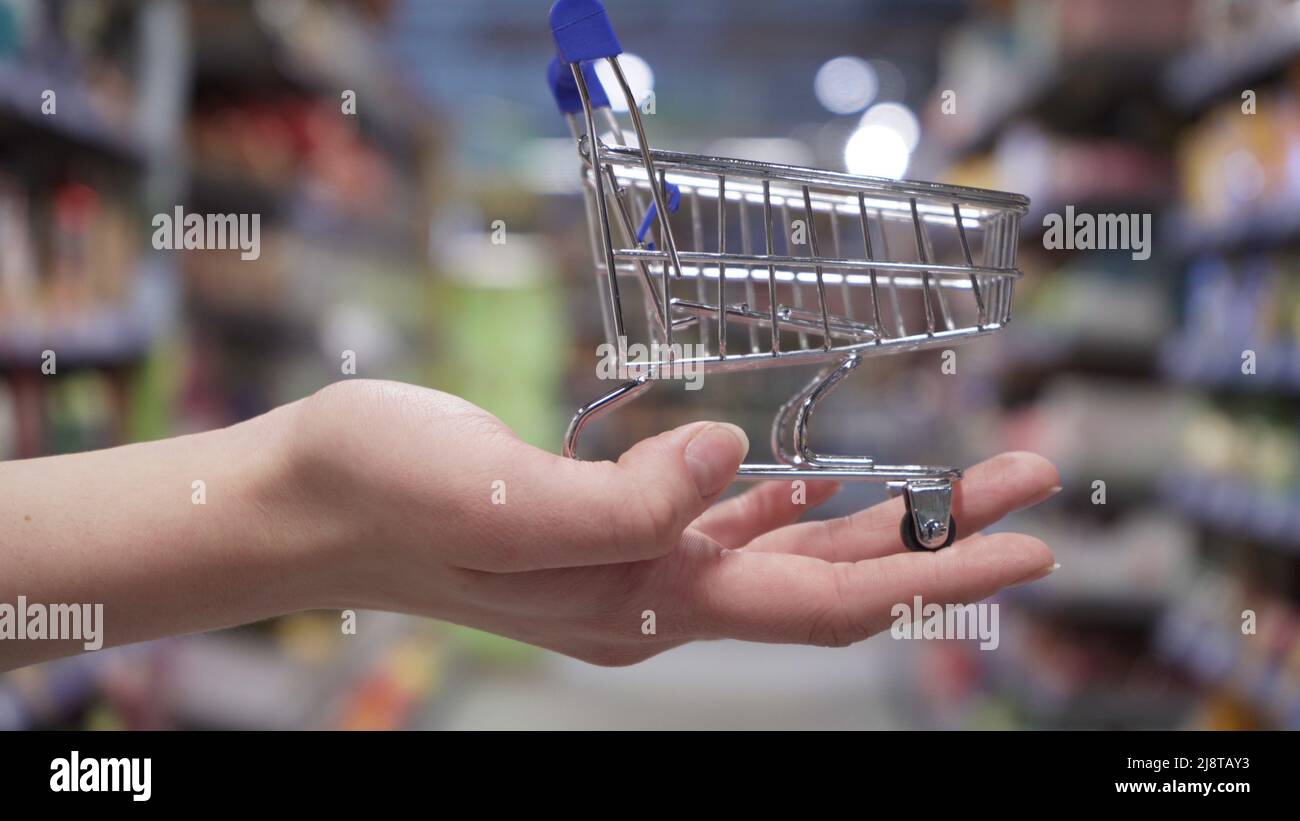 Female hand holding small shopping cart Stock Photo - Alamy