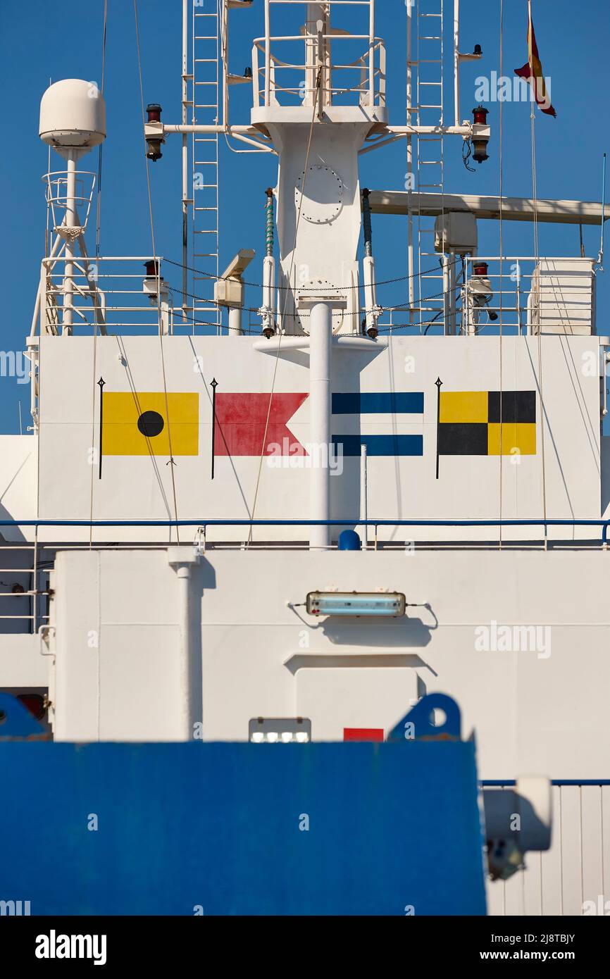 Nautical flags on a cruise ship. Navigation symbols. Transportation ...