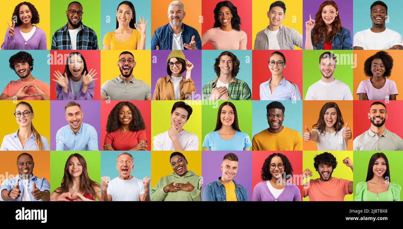 Smiling millennial and mature multicultural people make gestures and ...
