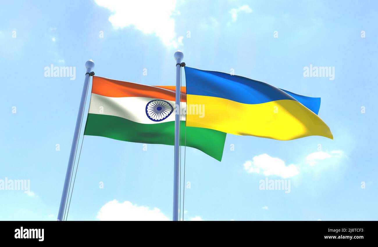Ukraine and India, two flags waving against blue sky. 3d image Stock ...