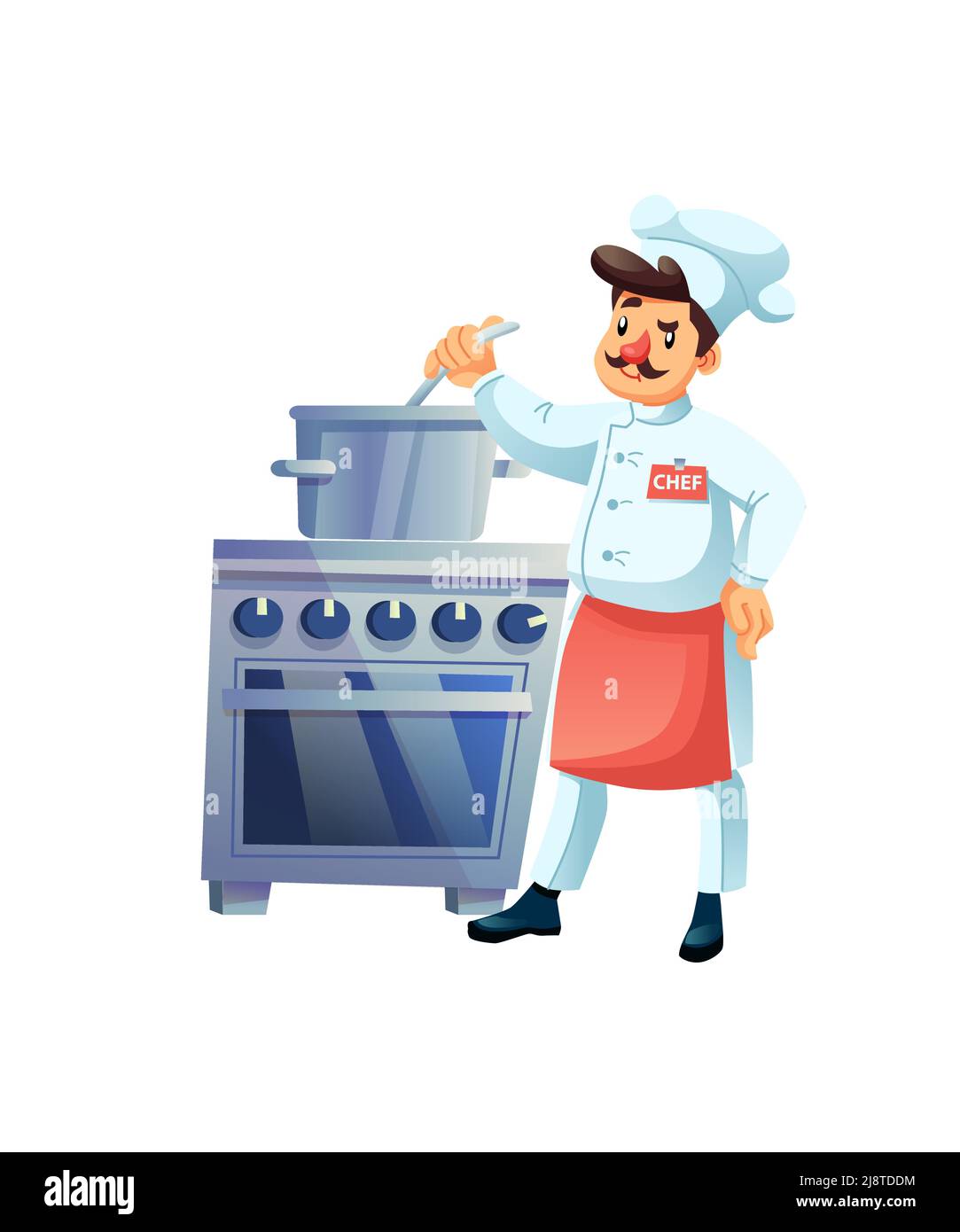 Flat cartoon man character chef cooks meal in saucepan,professional ...